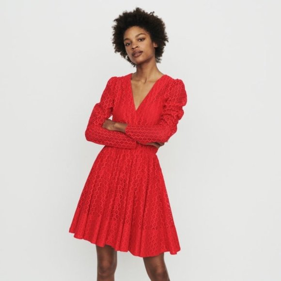 Maje | Dresses | Maje Ralina Red Aline Eyelet Sheer Midi Dress | Poshmark